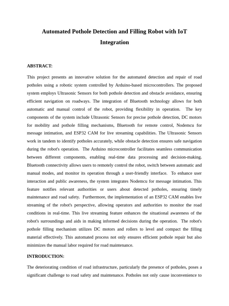 Automatic Pothole Detection and Filling Robot | PDF | Robotics | Robot