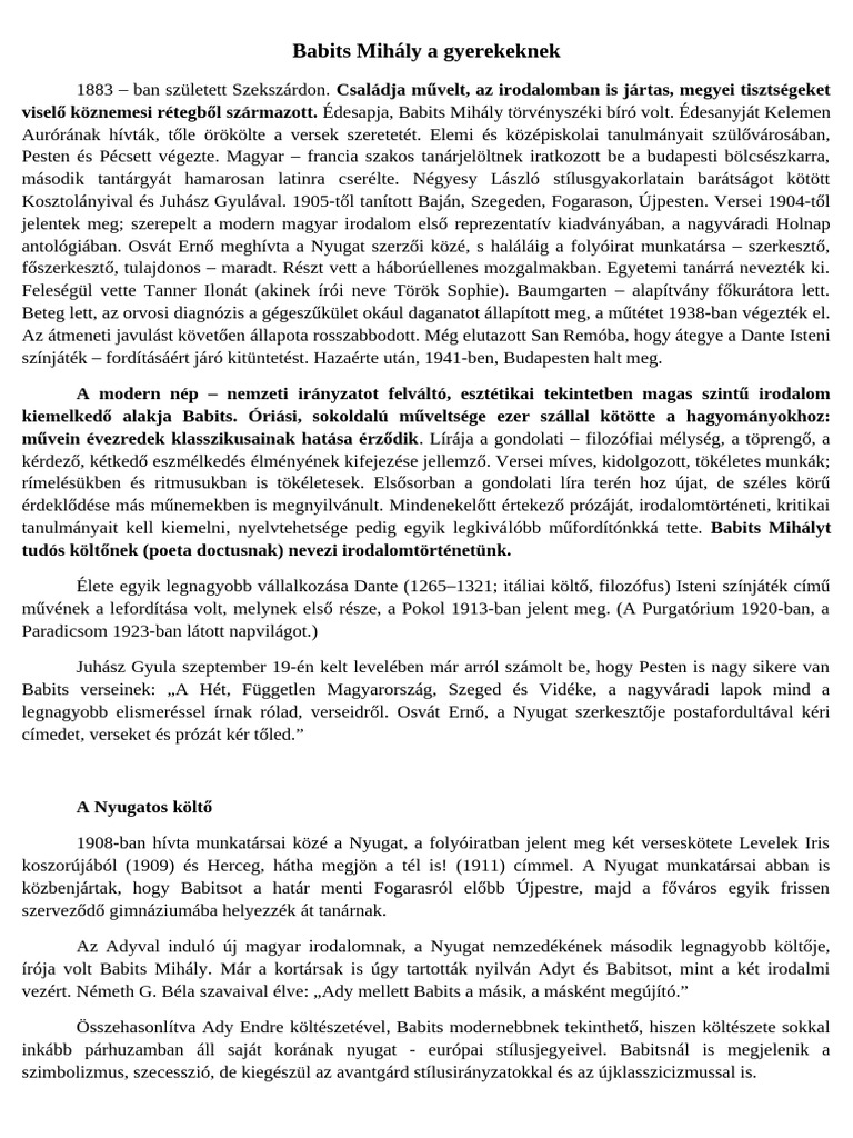 Babits Mihály A Gyerekeknek | PDF