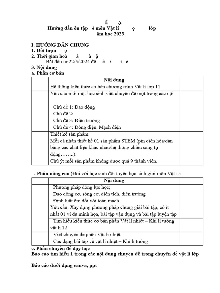KẾ HOẠCH HƯỚNG DẪN HÈ CHO 11A1 VÀ 11A2 -THÁNG 5 | PDF