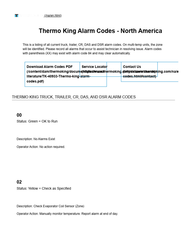 Thermo King Alarm Codes Overview | PDF | Battery Charger | Engines
