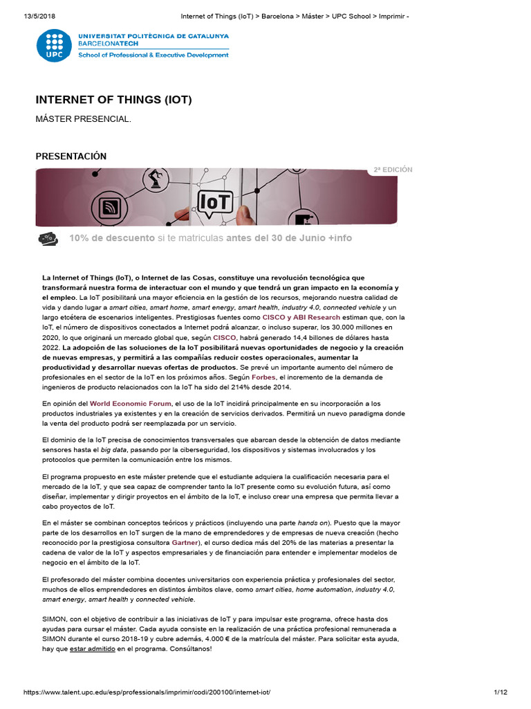 Internet of Things (IoT) - Barcelona - Máster - UPC School - Imprimir | PDF | Internet de las ...