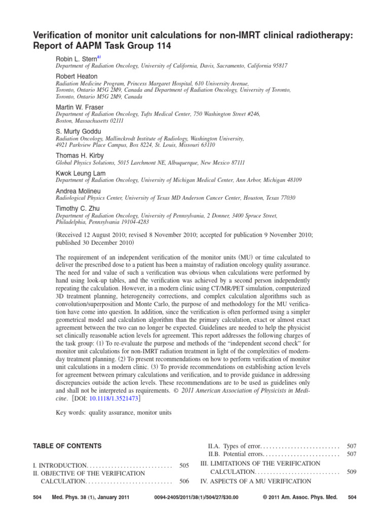 Medical Physics - 2011 - Stern - Verification of Monitor Unit Calculations For Non IMRT Clinical ...