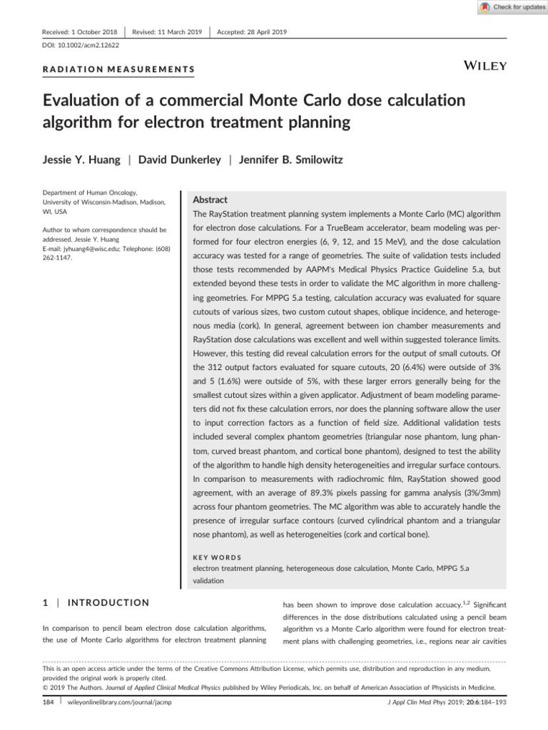 J Applied Clin Med Phys 2019 Huang Evaluation Of A Commercial Monte Carlo Dose Calculation