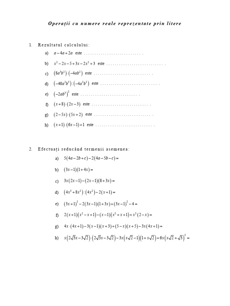 Operații Cu Numere Reale Reprezentate Prin Litere | PDF