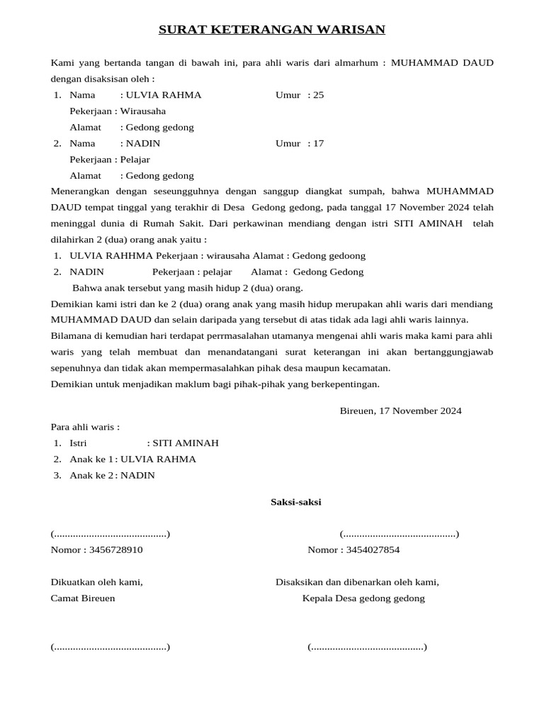Surat Keterangan Ahli Waris Muhammad Daud | PDF