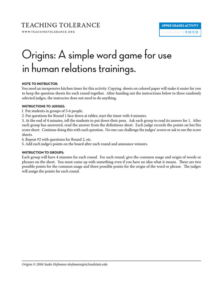 Word Origins Game for Tolerance Training | PDF | Witchcraft