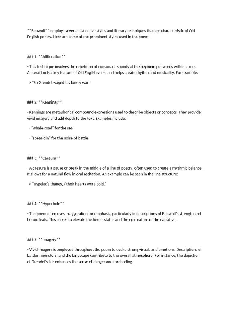 Beowulf: Key Literary Styles Explained | PDF | Poetry | Beowulf