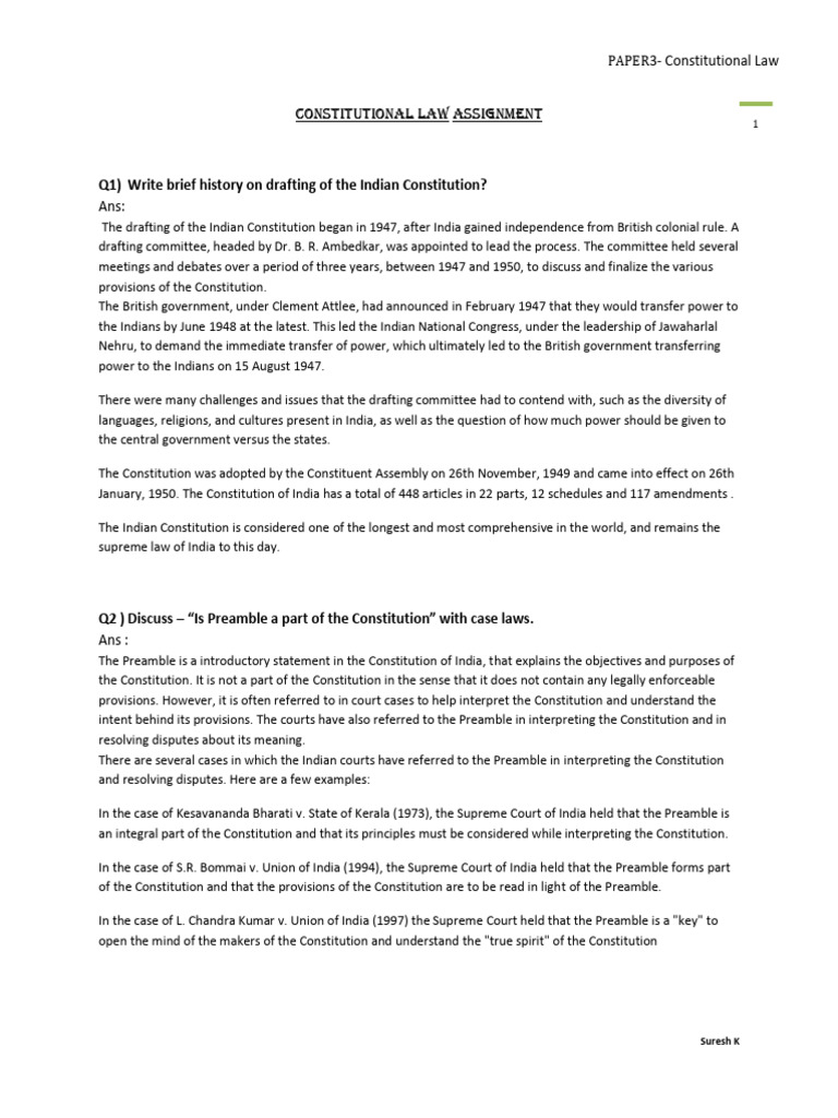 Constitutional Law Assignment Answers | PDF | Public Law | Political ...
