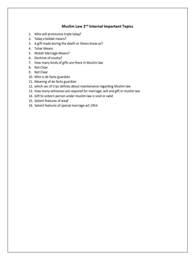 Muslim Law 2nd Internal Important Topics | PDF