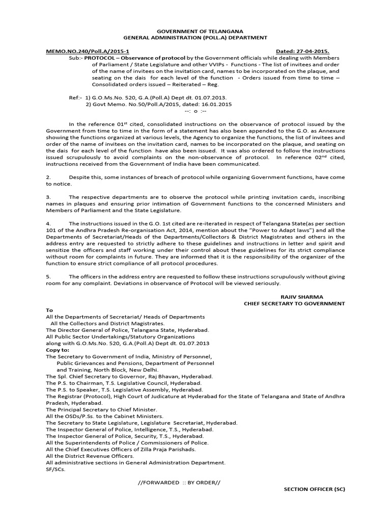 Telangana Government Protocol Guidelines | PDF | Government ...