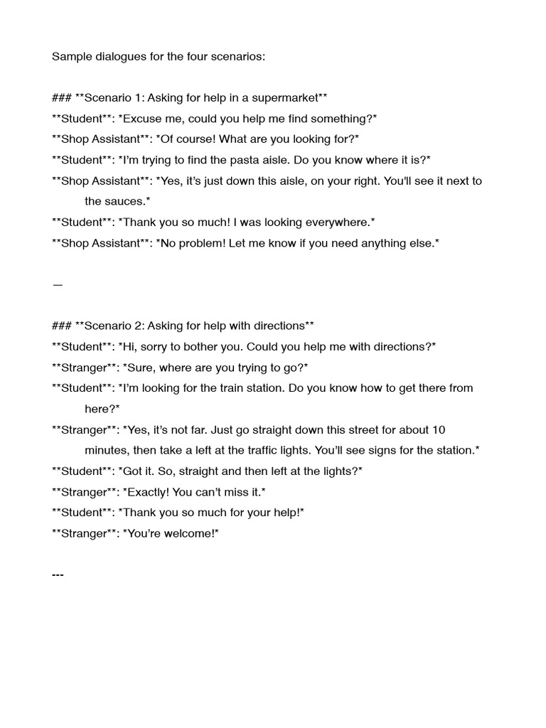 Asking For Help Sample Dialogue 4 Scenarios | PDF