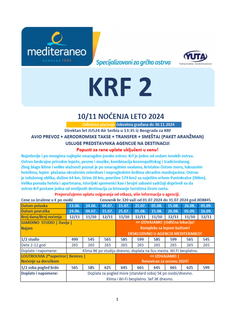 Cenovnik KRF 2 Avion Leto 2024 | PDF
