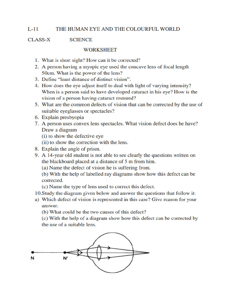 The Human Eye and The Colourful World Worksheet-Mod-2 10th - 022443 | PDF