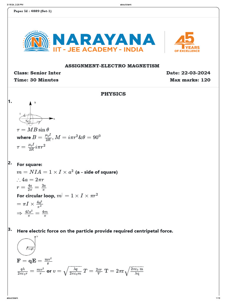 Electro Magnetism Sol | PDF | Torque | Materials Science