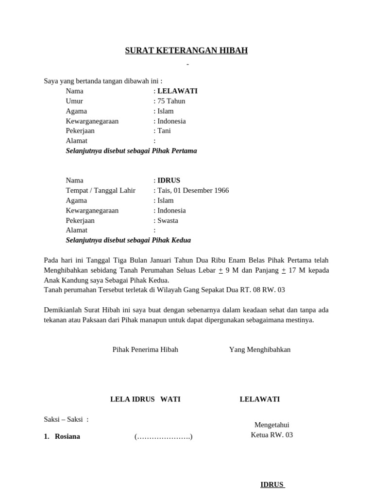 SURAT KETERANGAN Pemberian Harta | PDF