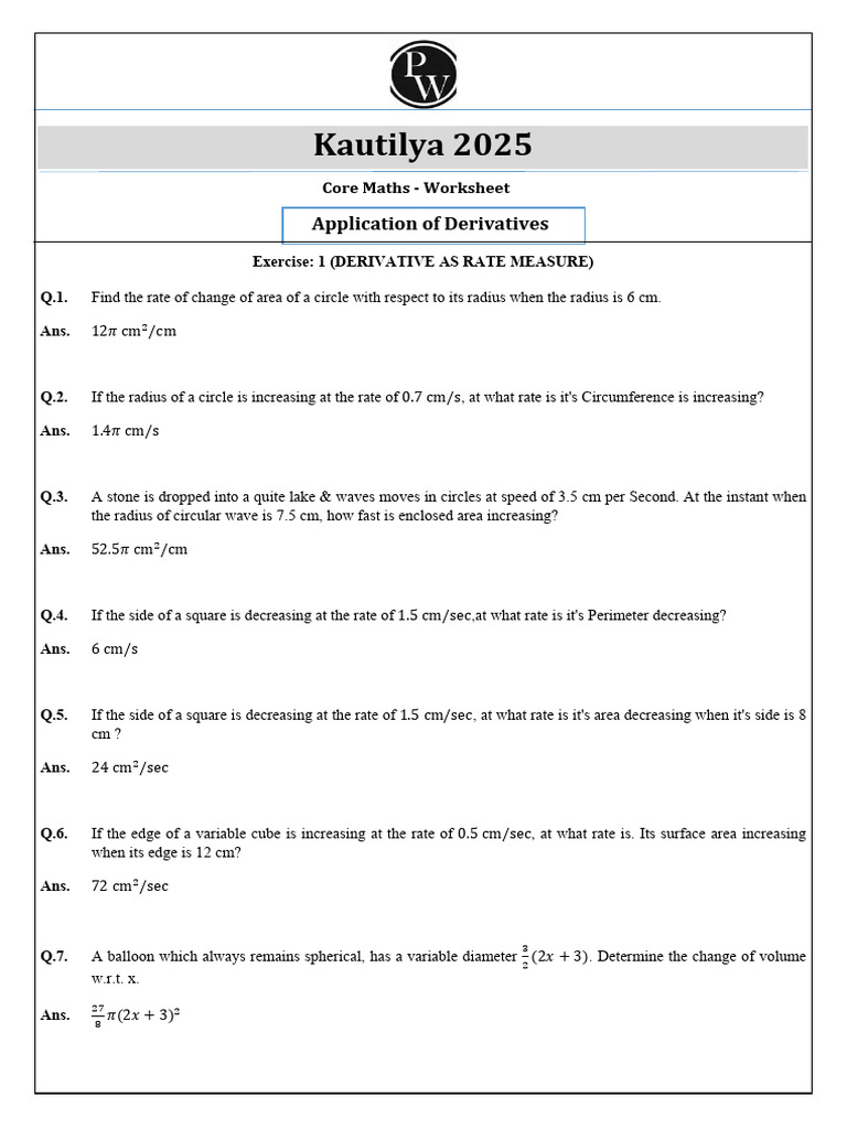 Derivatives and Function Analysis Worksheet | PDF | Area | Sphere
