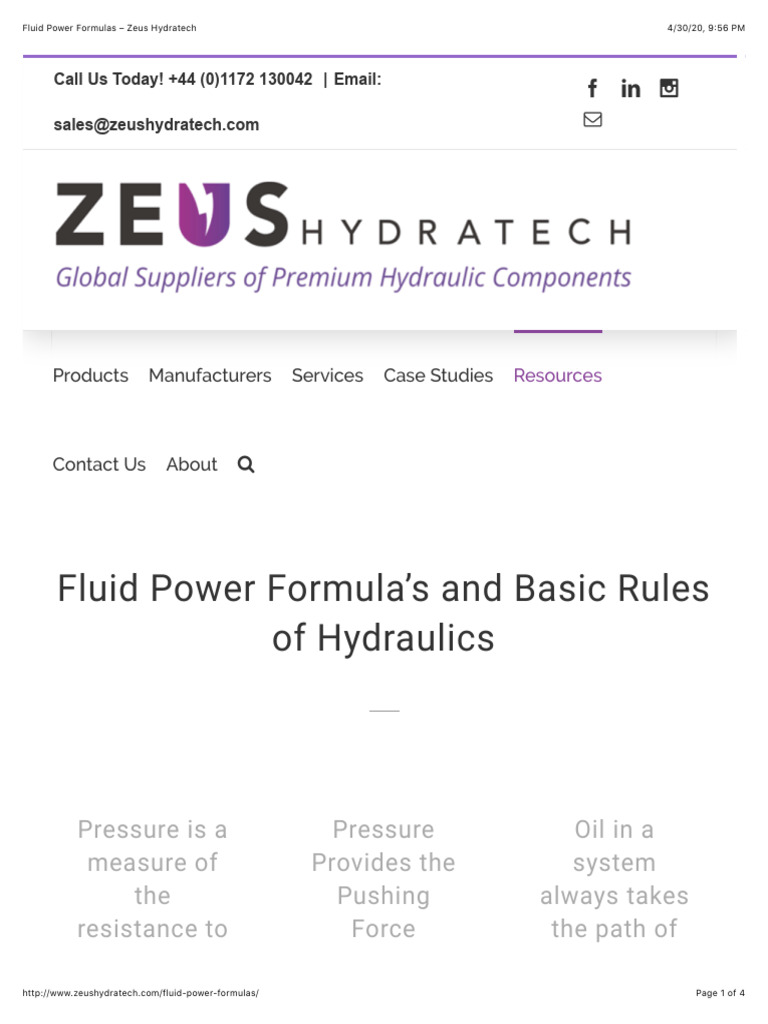 Fluid Power Formulas - Zeus Hydratech | PDF | Pump | Gas Technologies