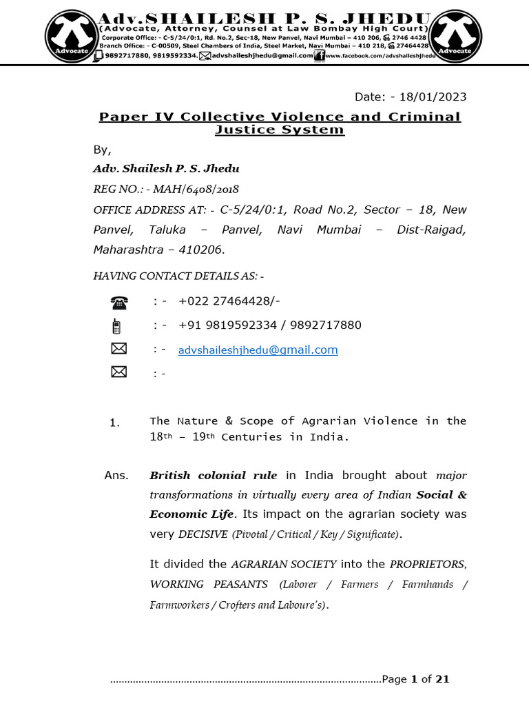 Notes On Collective Violence by Author Adv - Shailesh P. S. R. Jhedu ...