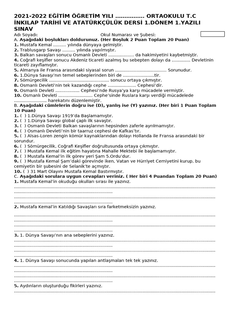 T.C NK Lap Tarihi Ve Atat RK L K 1.D Nem 1.yaz L Sorular | PDF