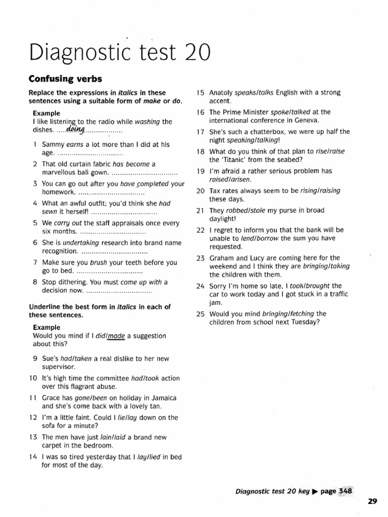 Diagnostic Test 20 Confusing Verbs | PDF