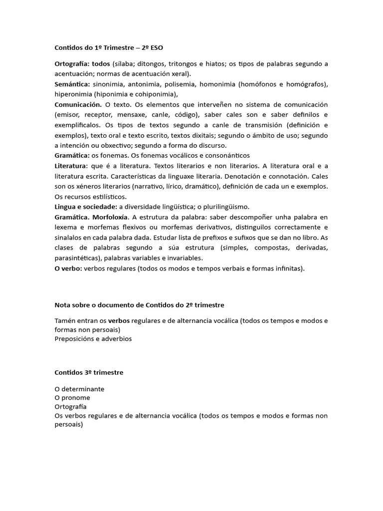 Contidos Do 1º Trimestre - 2º ESO | PDF