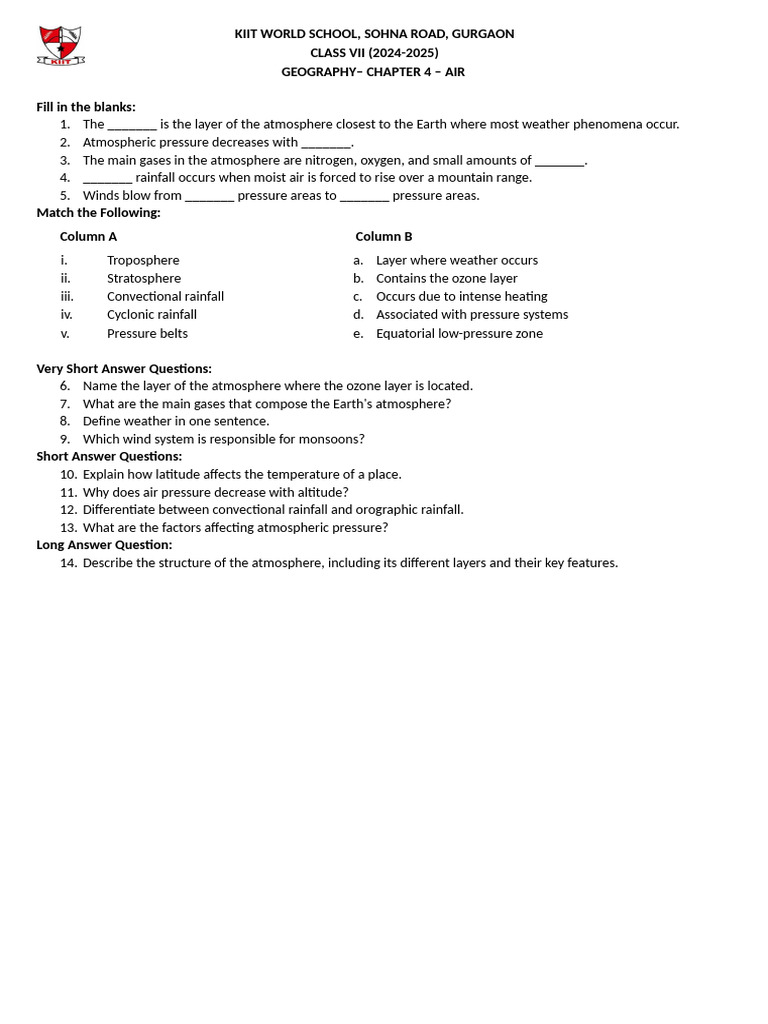 Class 7 Assignment of Chapter 4 Air Geography | PDF