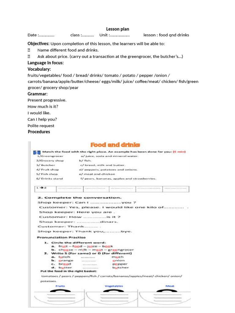 Lesson Plan Food and Drinks | PDF