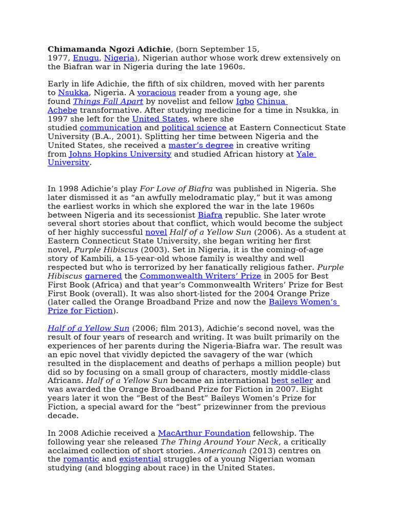Chimamanda Ngozi Adichi Essay | PDF
