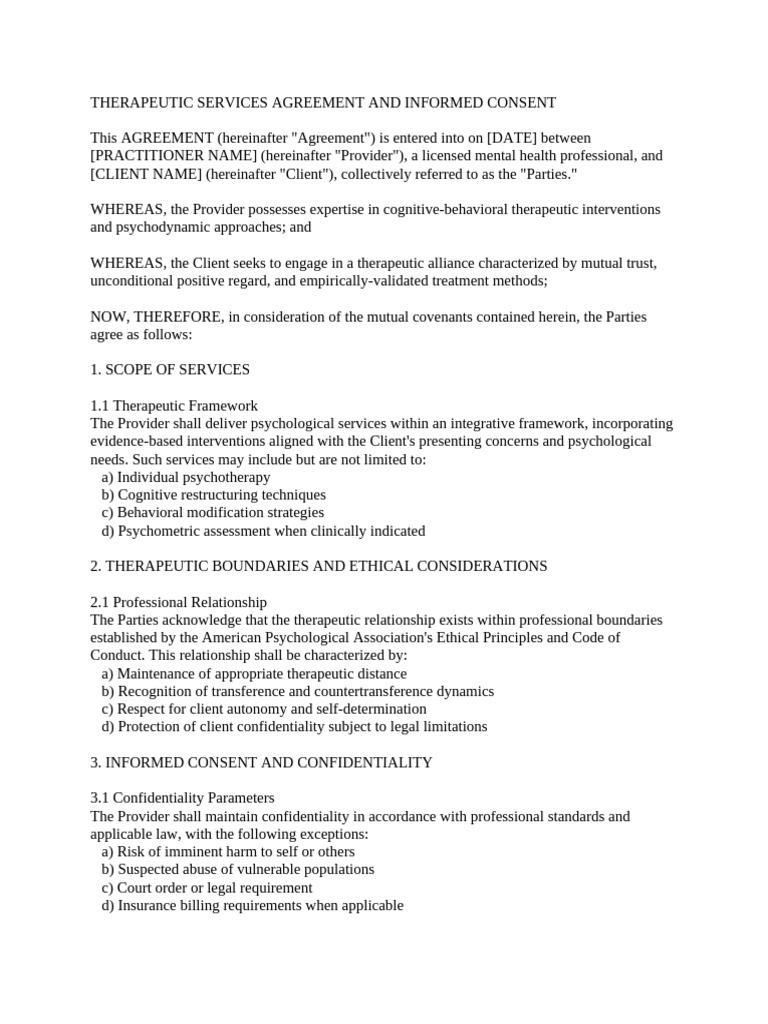 Therapeutic Services Agreement Template | PDF | Psychotherapy | Psychology