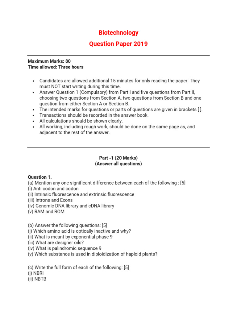 Biotechnology Paper 2019 | PDF | Operon | Transfection