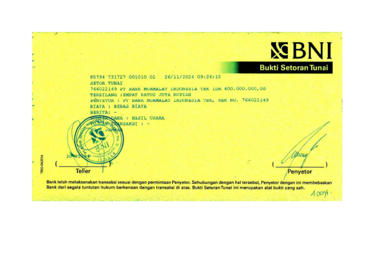 Slip Setor Tunai Ke Bni Jember 26-11-2024 | PDF