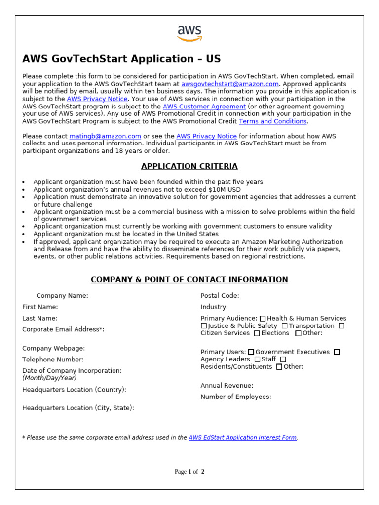 AWS GovTechStart Application Form | PDF | Amazon Web Services | Business