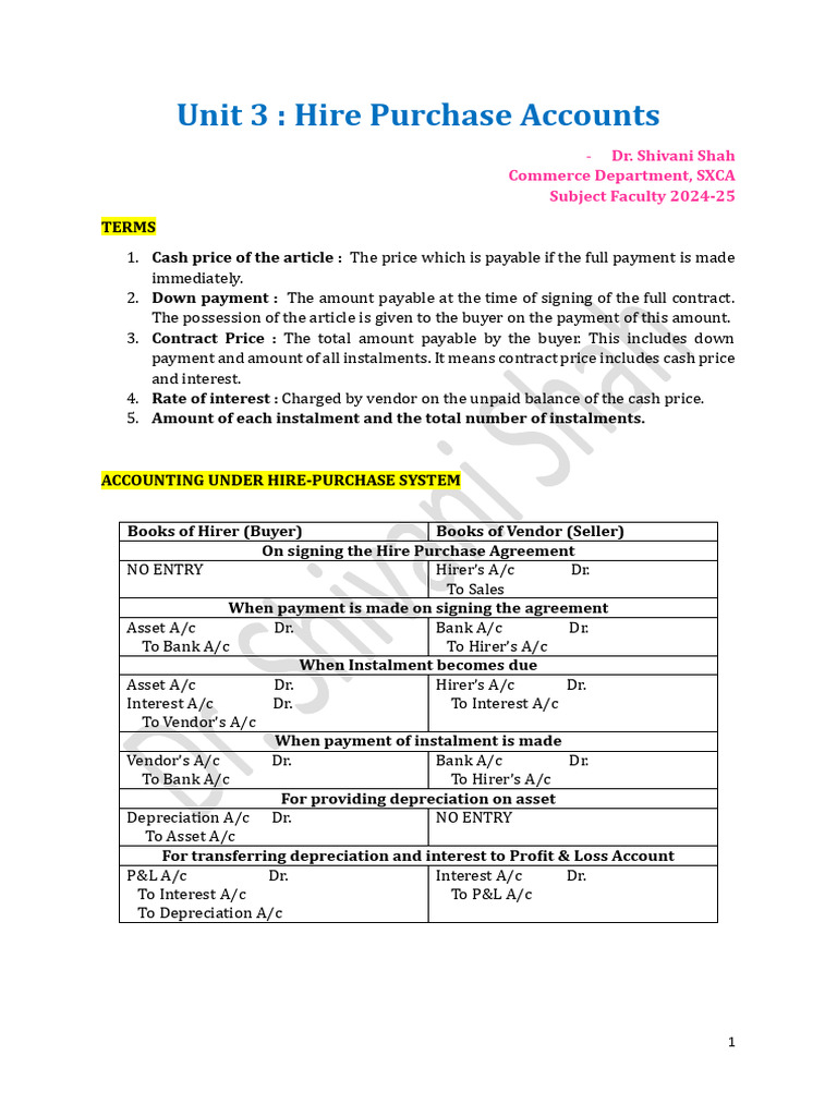 Unit 3 Hire Purchase Accounts | PDF | Depreciation | Private Sector