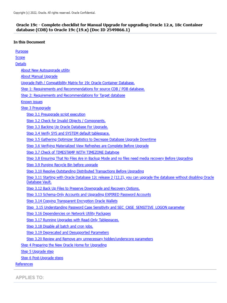 Oracle 19c - Complete Checklist For Manual Upgrade For Upgrading Oracle 12.x, 18c Container ...