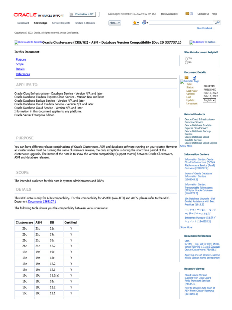 CRS - GI - ASM - Database Version Compatibility - Doc ID 337737.1 | PDF | Cloud Computing ...