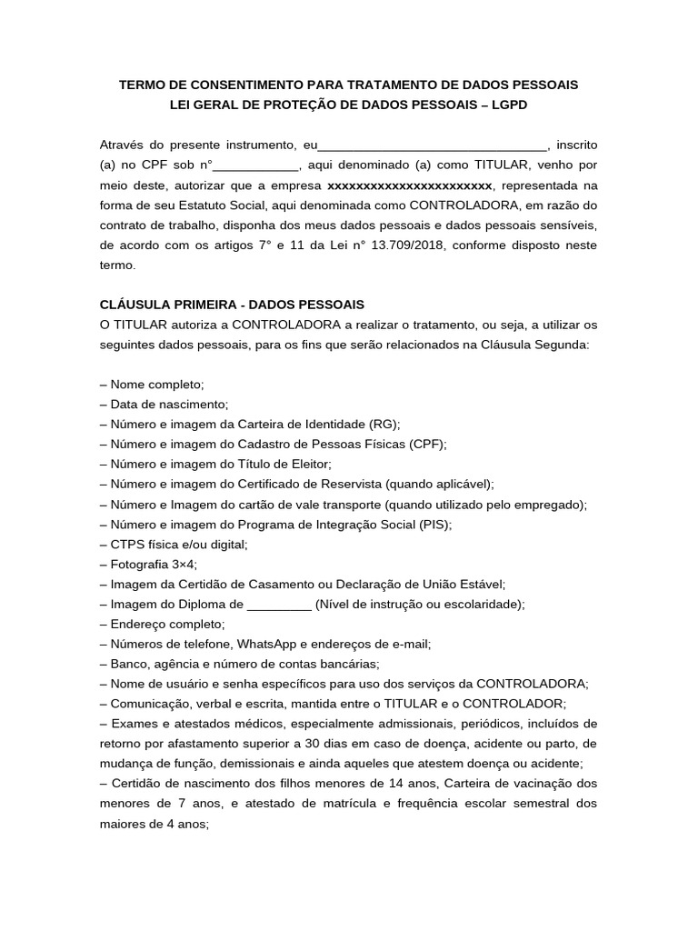 Modelo - Termo de Consentimento para Tratamento de Dados Pessoais | PDF