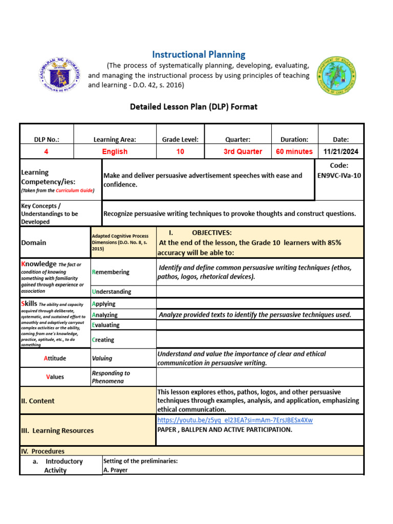 Persuasive Writing Techniques Lesson Plan | PDF | Learning | Cognition