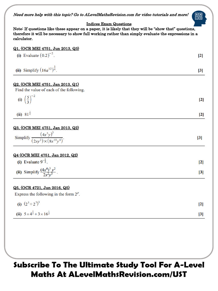 A-Level Maths Indices Exam Questions | PDF