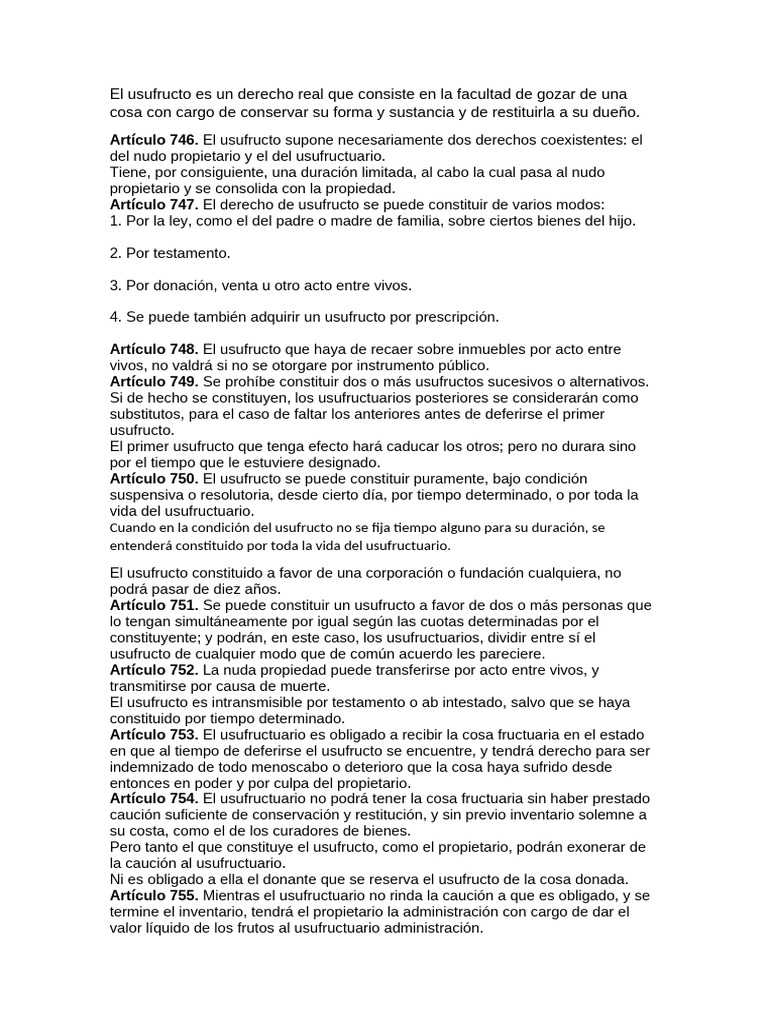 El Usufructo Es Un Derecho Real Que Consiste en La Facultad de Gozar de ...