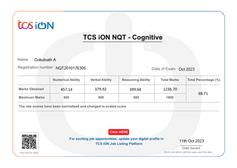 TCS iON NQT - Cognitive: Gokulnath A NQT2010176305 Oct 2023 | PDF