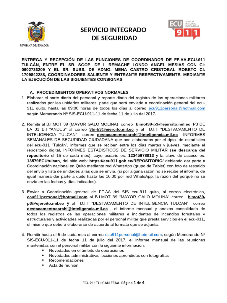 Cambio de Coordinador FF.AA. ECU-911 | PDF