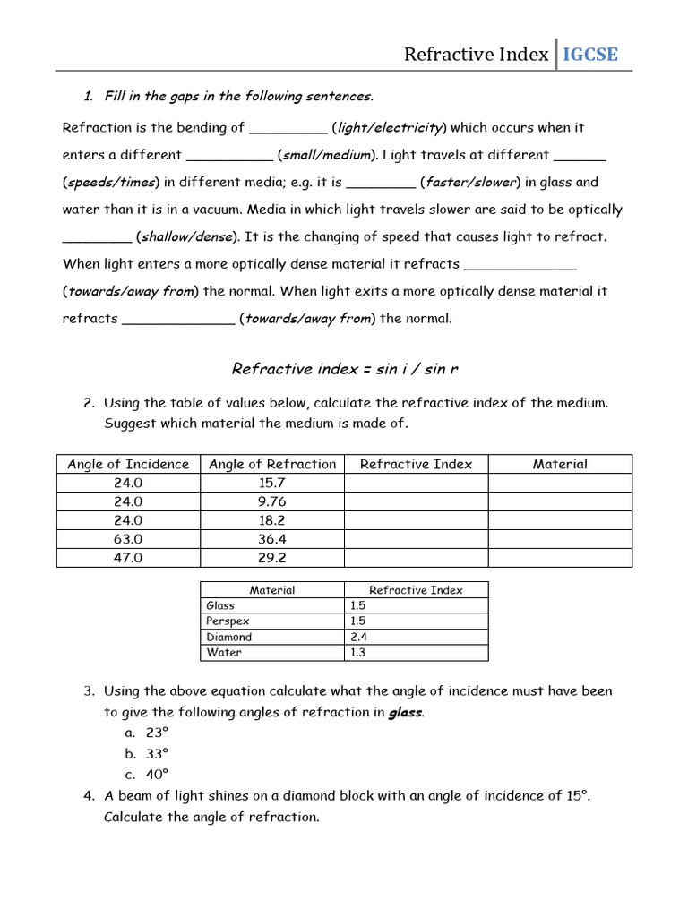 Refraction WS | PDF | Refraction | Refractive Index