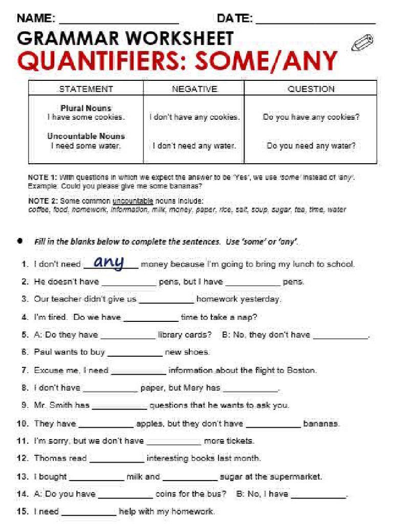 Quantifiers - Some and Any | PDF