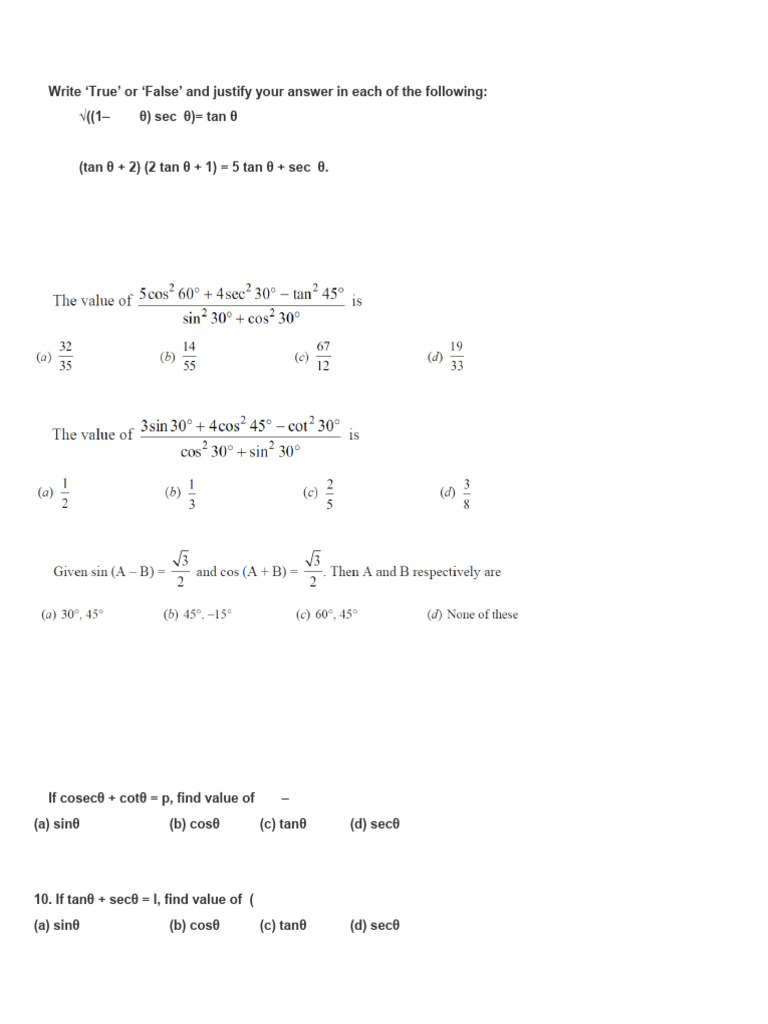 Maths Test 2 Intro To Trigonometry 10th Class | PDF