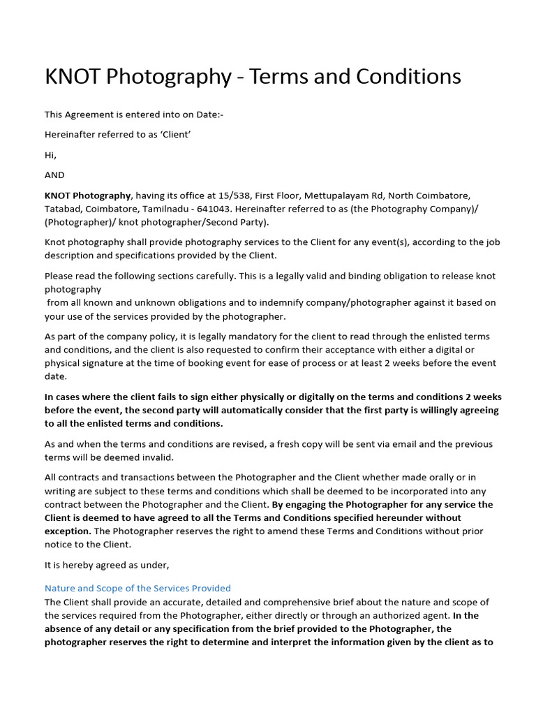 Knot Photography Term Conditions | PDF | Indemnity | Photographer