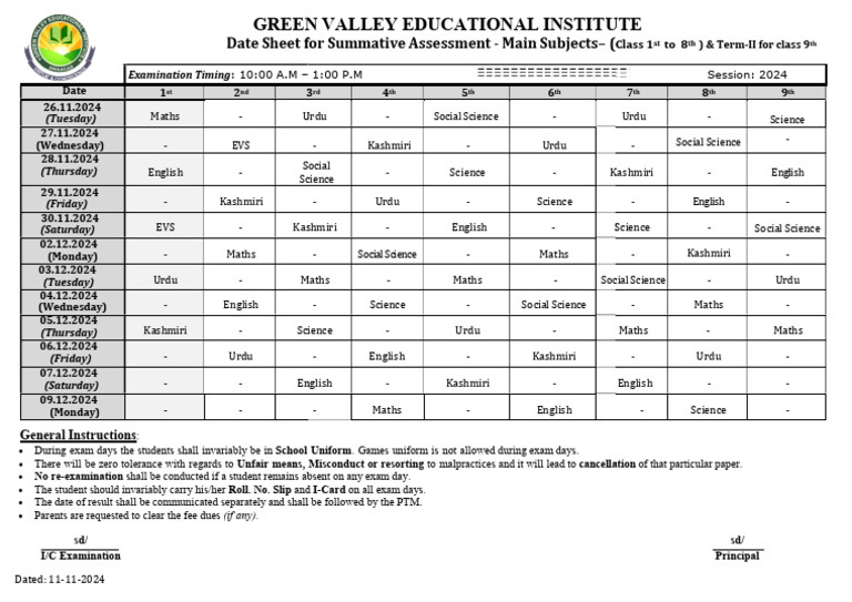 Date Sheet For SA (1st - 8th) & T2 For Class 9th | PDF