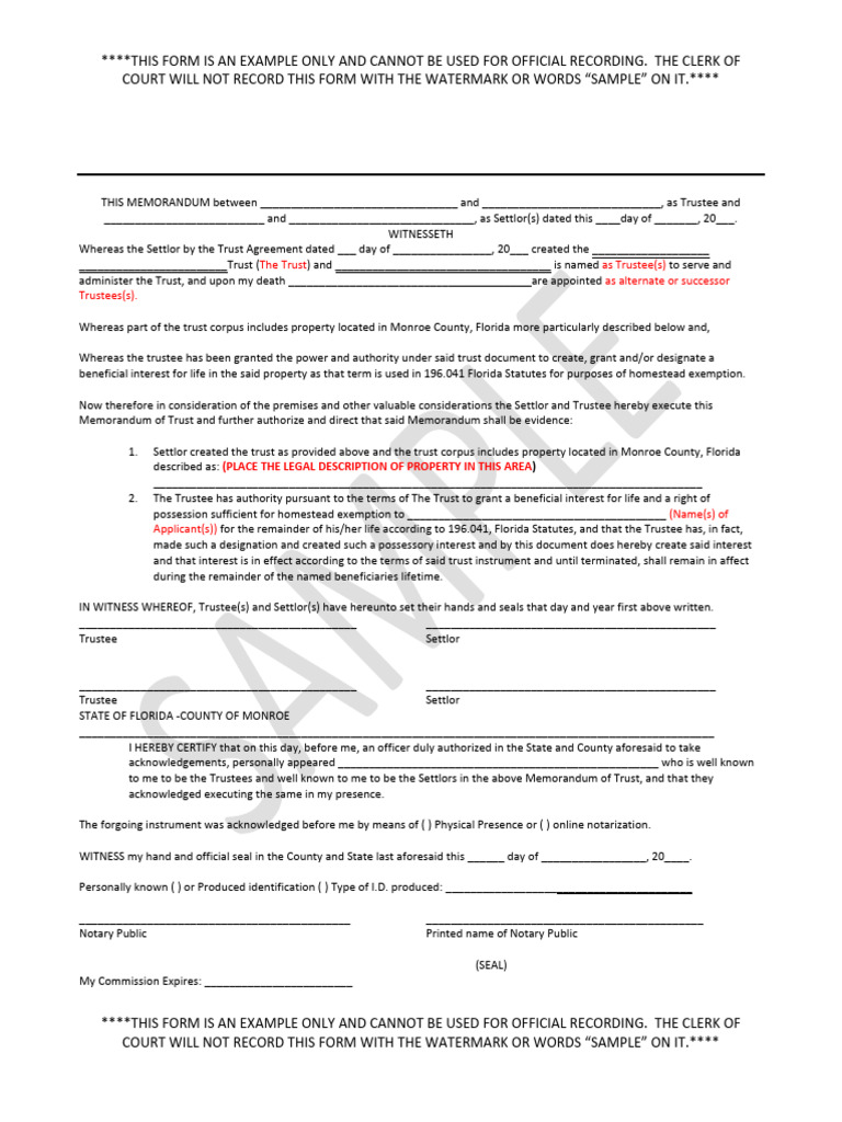 Sample Memorandum of Trust Template | PDF | Settlor | Property Law