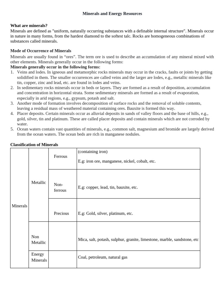 Minerals and Energy Resources Overview | PDF | Coal | Ore