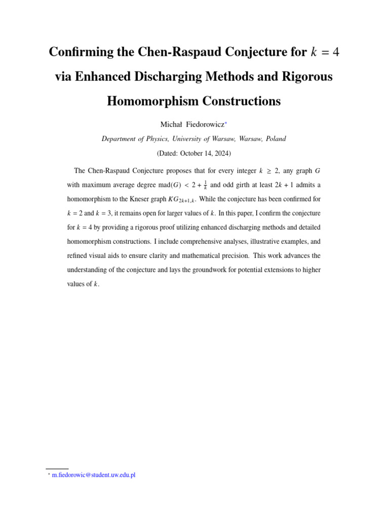 Confirming The Chen Raspaud Conjecture For K 4 Via Enhanced Discharging Methods | PDF | Vertex ...
