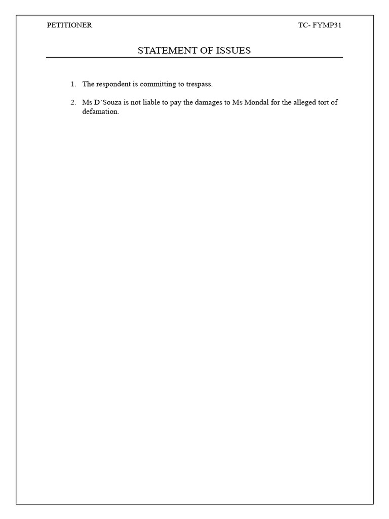 STATEMENT OF ISSUES Tres | PDF | Trespass | Common Law